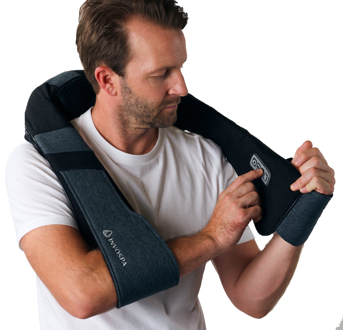 Shop Our Shiatsu Black and Gray Fabric Neck Massager On Amazon - InvoSpa